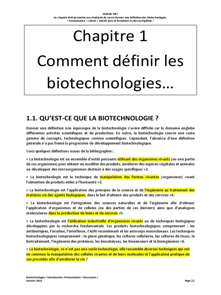 Chapter 1 Des Définitions en Biotechnologie | PDF | Biotechnologie | Biologie