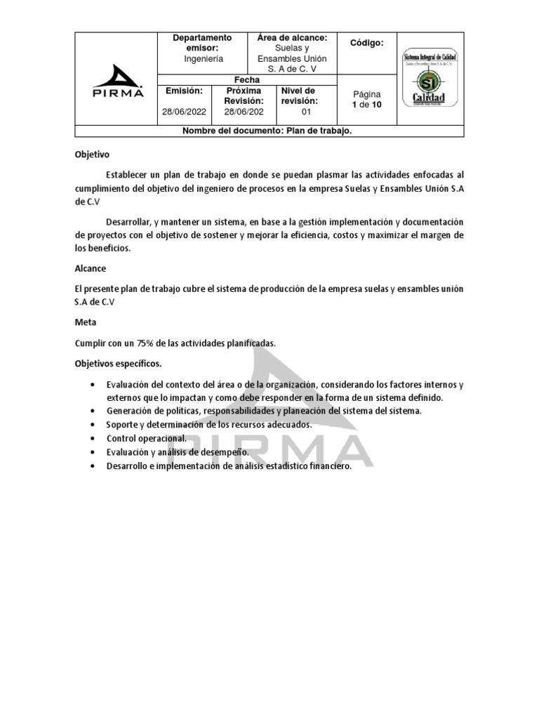 Plan De Trabajo Del Ingeniero De Procesos Pdf Planificación
