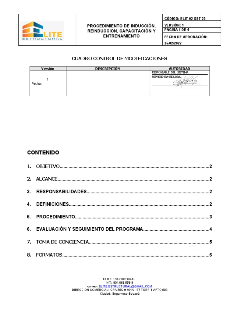 Elit-02-Sst-22 Procedimiento de Inducción, Reinduccion, Capacitación y Entrenamiento | PDF ...