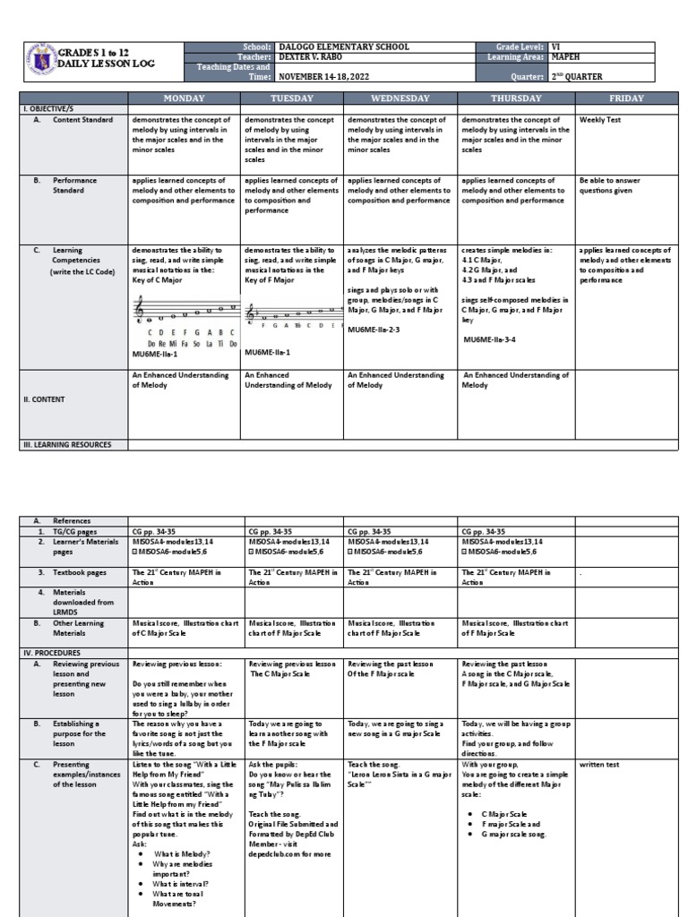DLL - Mapeh 6 - Q2 - W1 | PDF | Scale (Music) | Interval (Music)