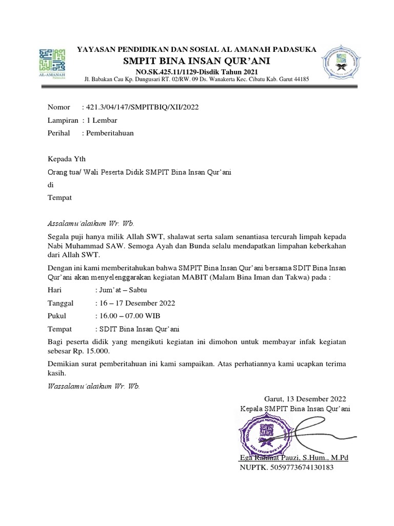 Surat Pemberitahuan Mabit Desember 2022 | PDF