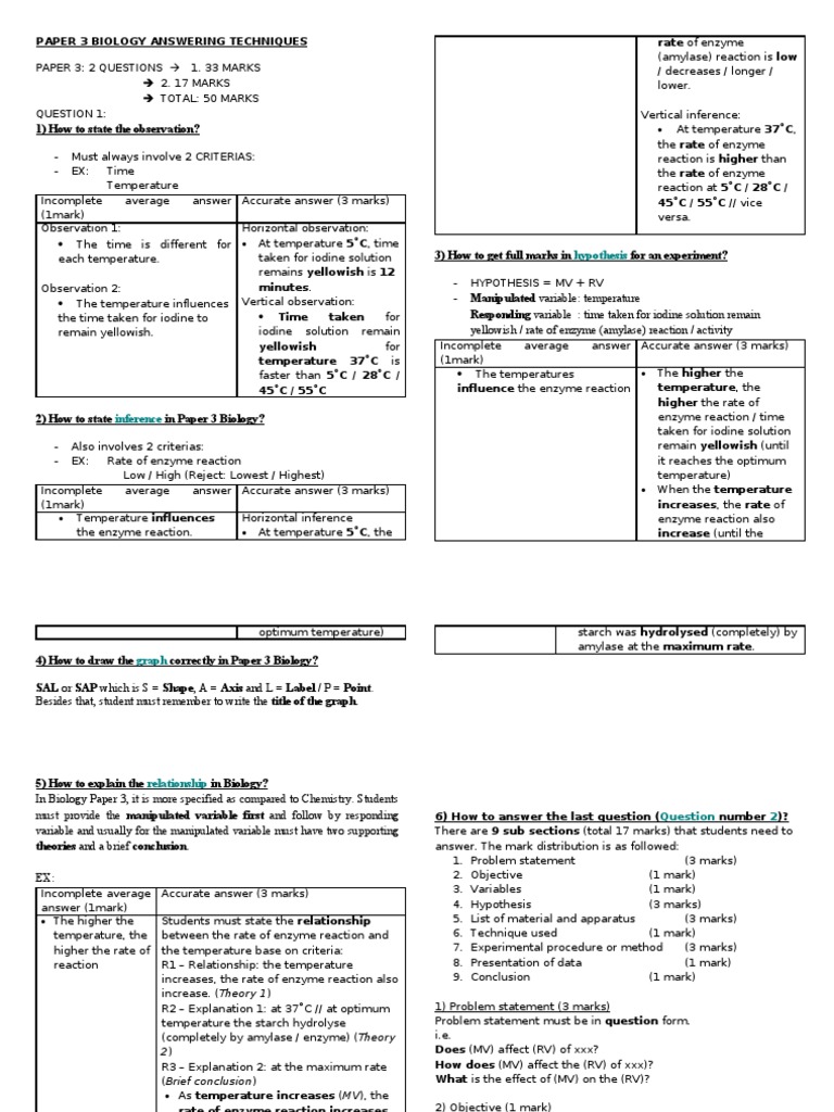 Paper 3 Biology Answering Techniques | PDF | Experiment | Enzyme