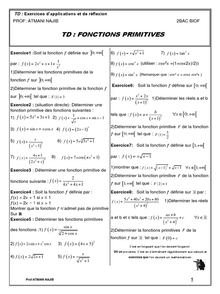 Exercices sur les fonctions primitives 2BAC | PDF | Analyse ...