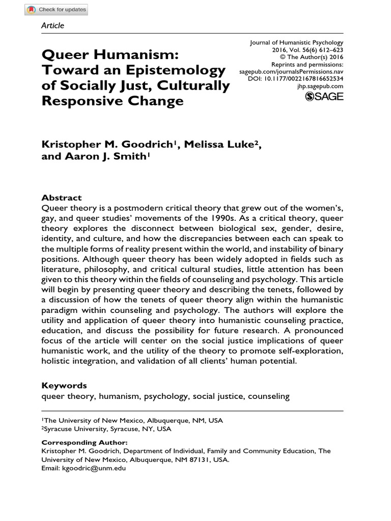Queer Humanism Toward An Epistemology of Socially Just Culturally ...