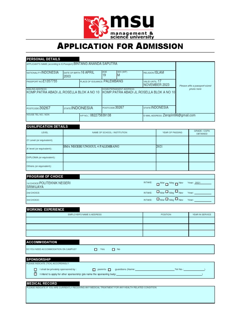 MSU Application Form - International Student - BINTANG | PDF | Cheque