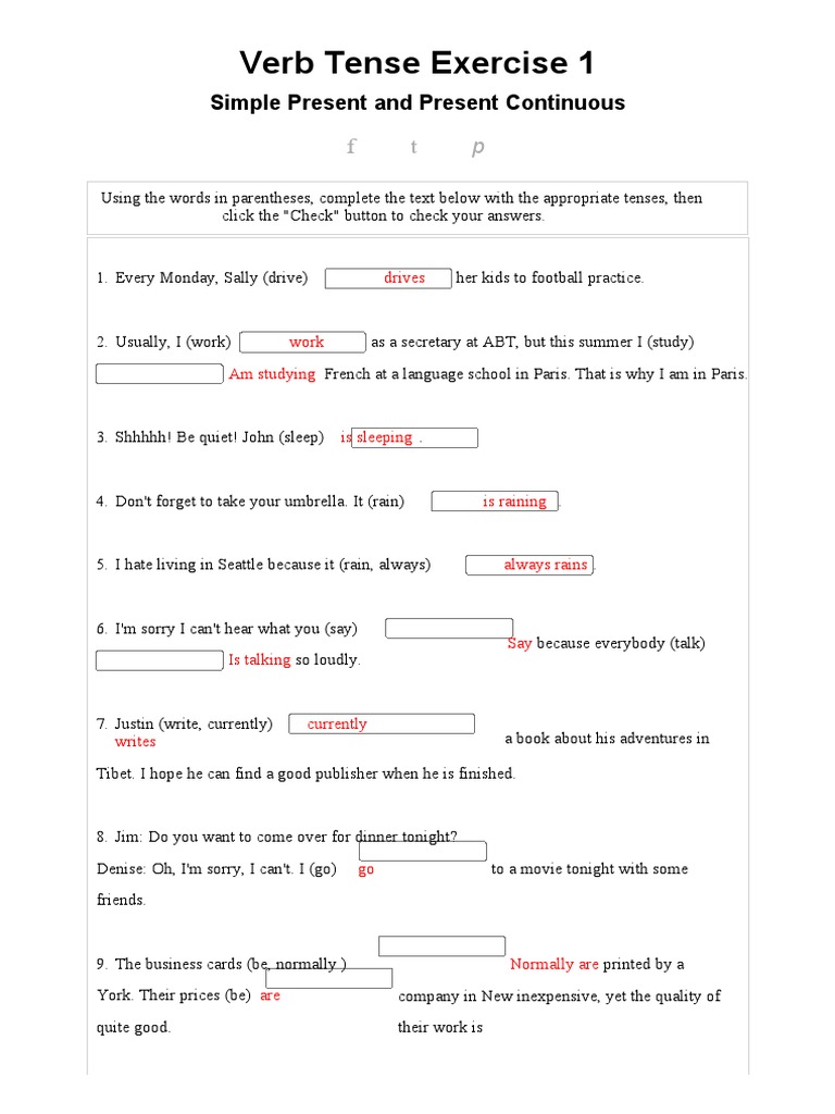 Simple Present and Present Continuous Exercise 1 | PDF
