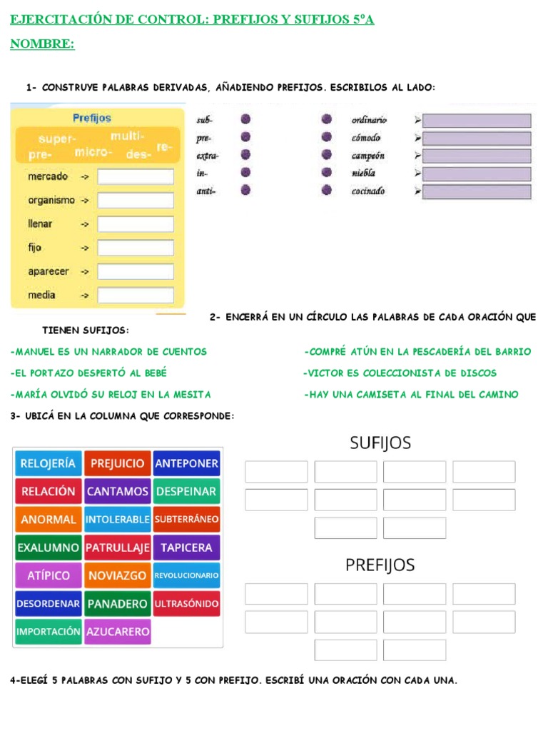 Ejercicios de Prefijos y Sufijos 5° | PDF | Estudios de idiomas ...