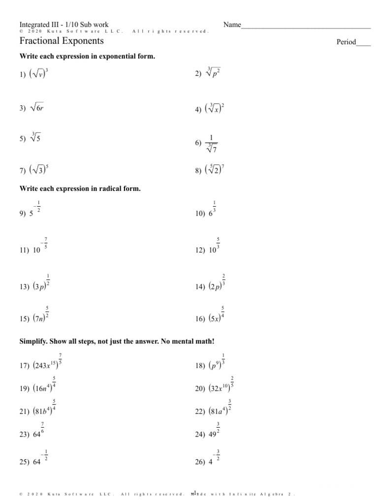 Integrated III Fractional Exponents Sub Work 1-10 | PDF | Mathematical ...
