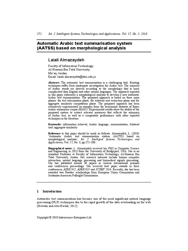 S5 Automatic Arabic Text Summarisation System Aatss Based On Morphological Analysis Pdf