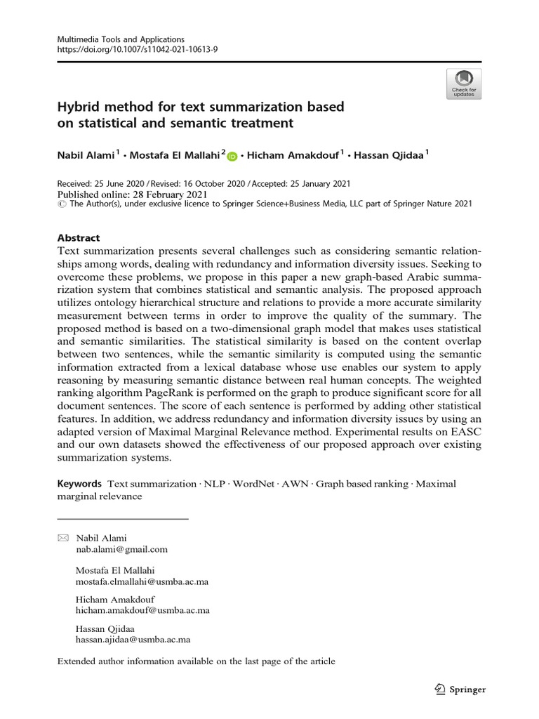S2-Hybrid Method For Text Summarization Based On Statistical and Semantic Treatment | PDF | Deep ...
