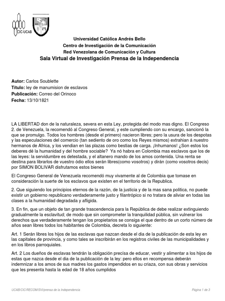 Ley de Manumisión de 1821 | PDF | Esclavitud | Venezuela