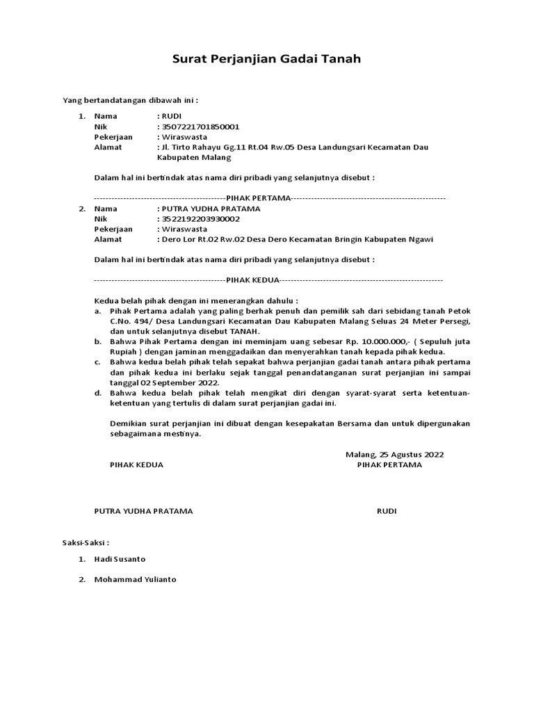 Surat Perjanjian Gadai Tanah | PDF