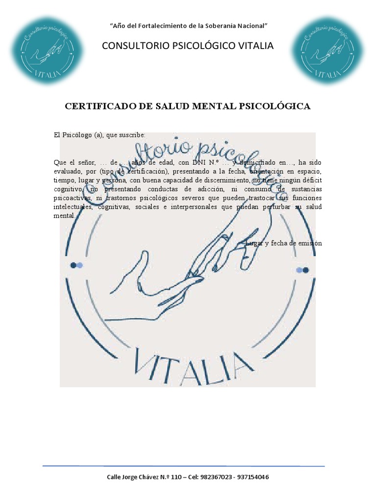 Certificado De Salud Mental PsicolÓgica Pdf 8464