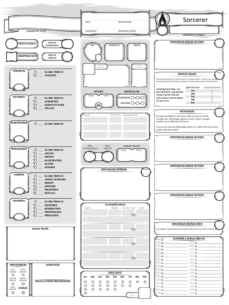 Sorcerer Character Sheet for D&D 5E | PDF | Tabletop Games | Gaming