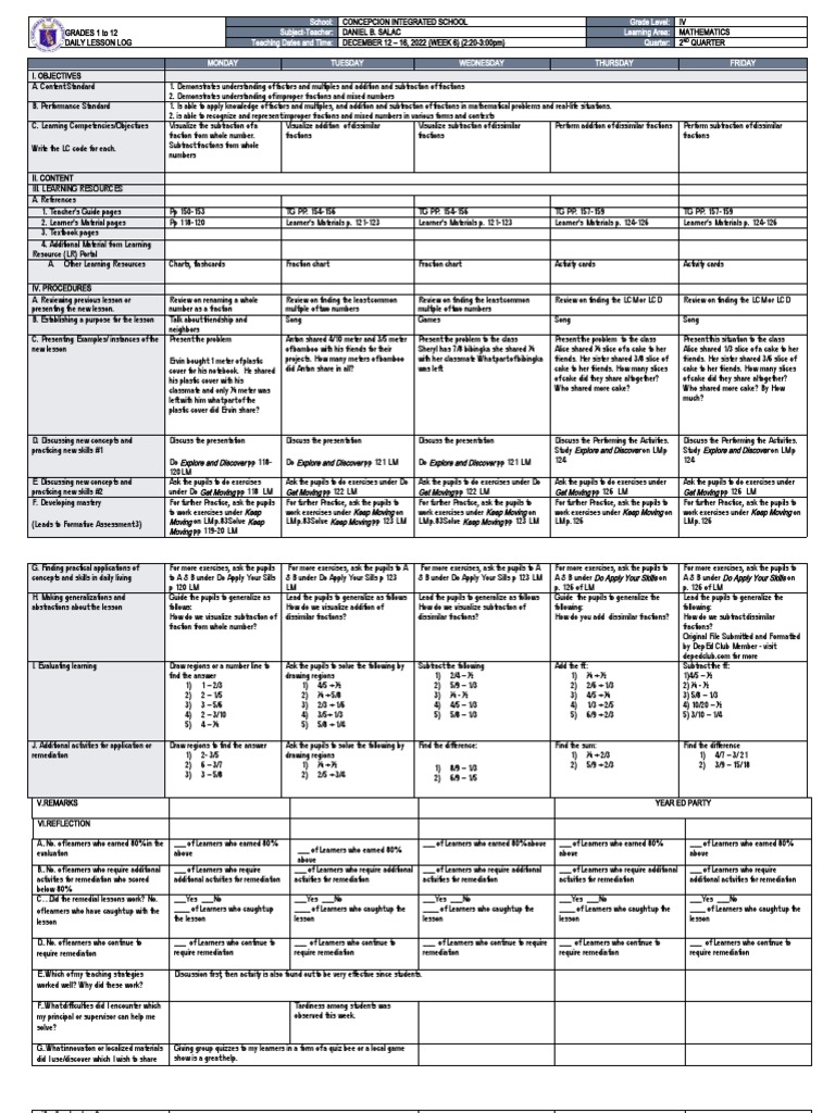 DLL Mathematics 4 q2 w6 | PDF | Learning | Behavior Modification