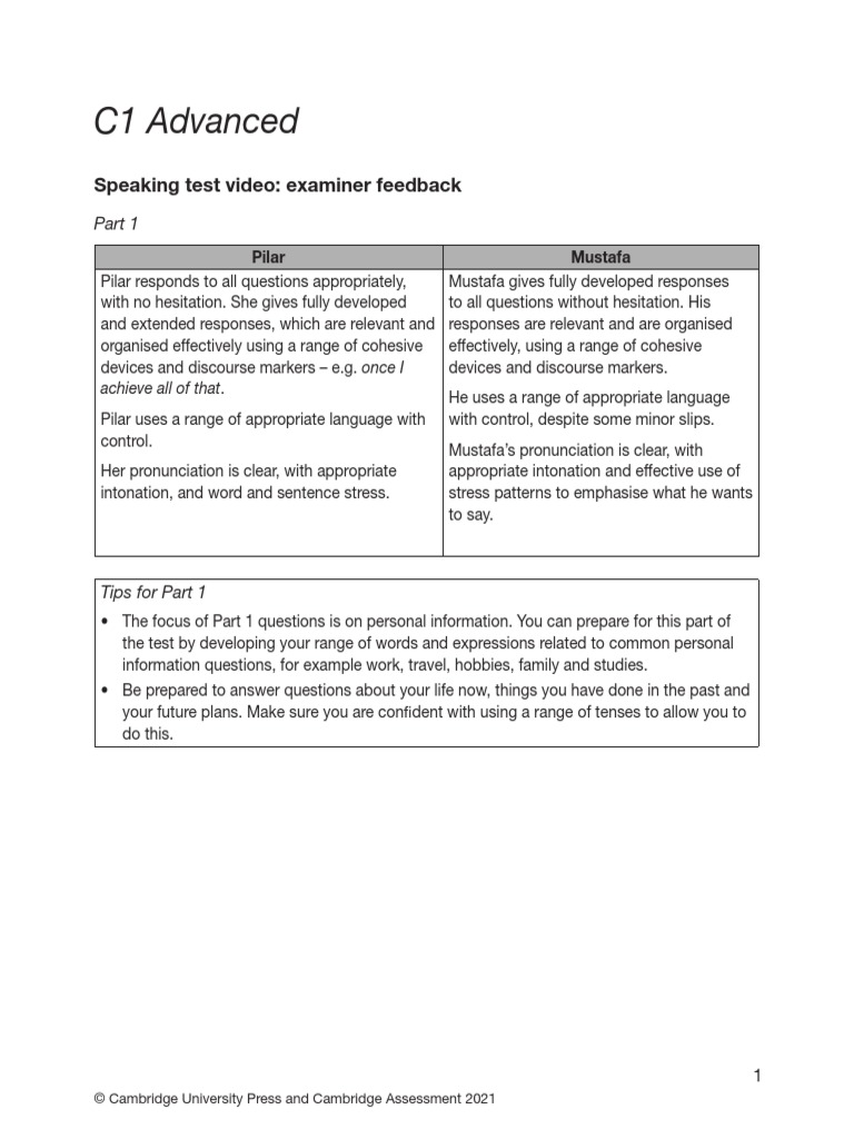 C1 Advanced, Speaking Test, Examiner Feedback | PDF | Question | Human ...