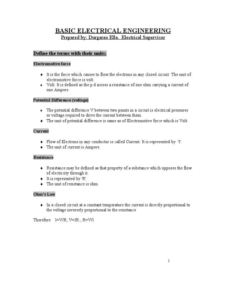 Basic Electrical Engineering: Define The Terms With Their Units ...