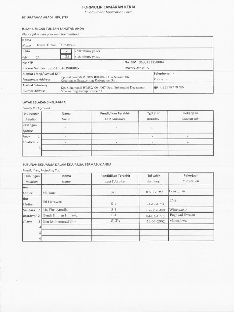 Data Diri - Dendi Hilman Himawan | PDF