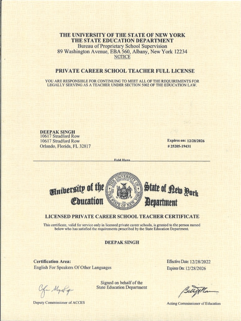 Licensed Private Career School Teacher ESOL Certificate of Deepak (Danny) Singh | PDF