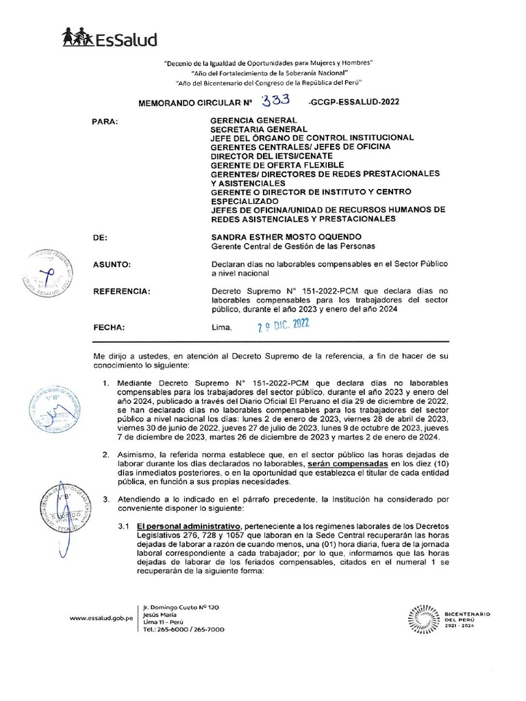 Memorando Circular N 333 GCGP Essalud 2022 | PDF