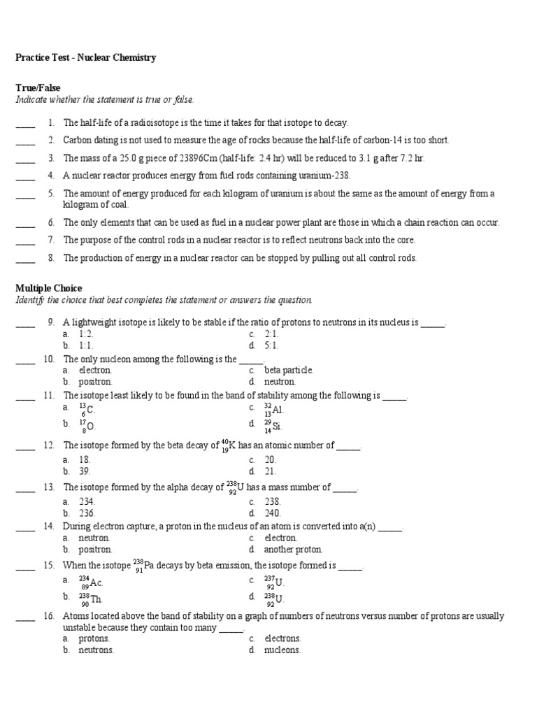 Nuclear Chemistry Practice Test | PDF | Neutron | Nuclear Physics