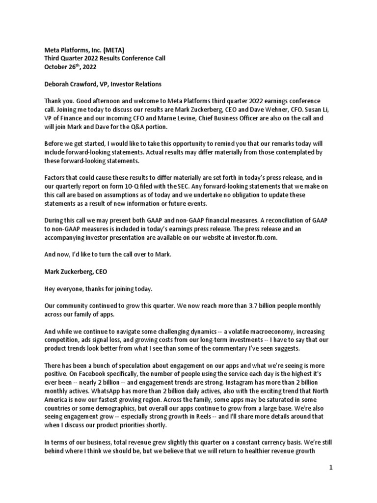 Meta Q3 2022 Earnings Call Transcript | PDF | Data Center | Artificial ...