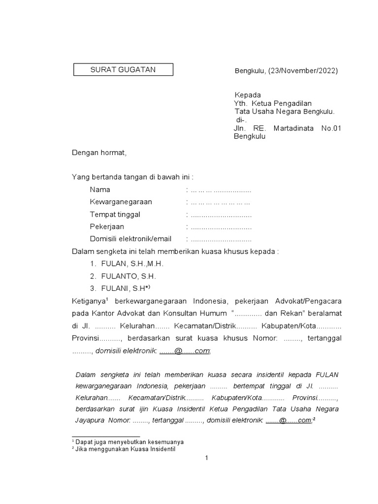 Form Surat Gugatan Perorangan Pakai Kuasa | PDF