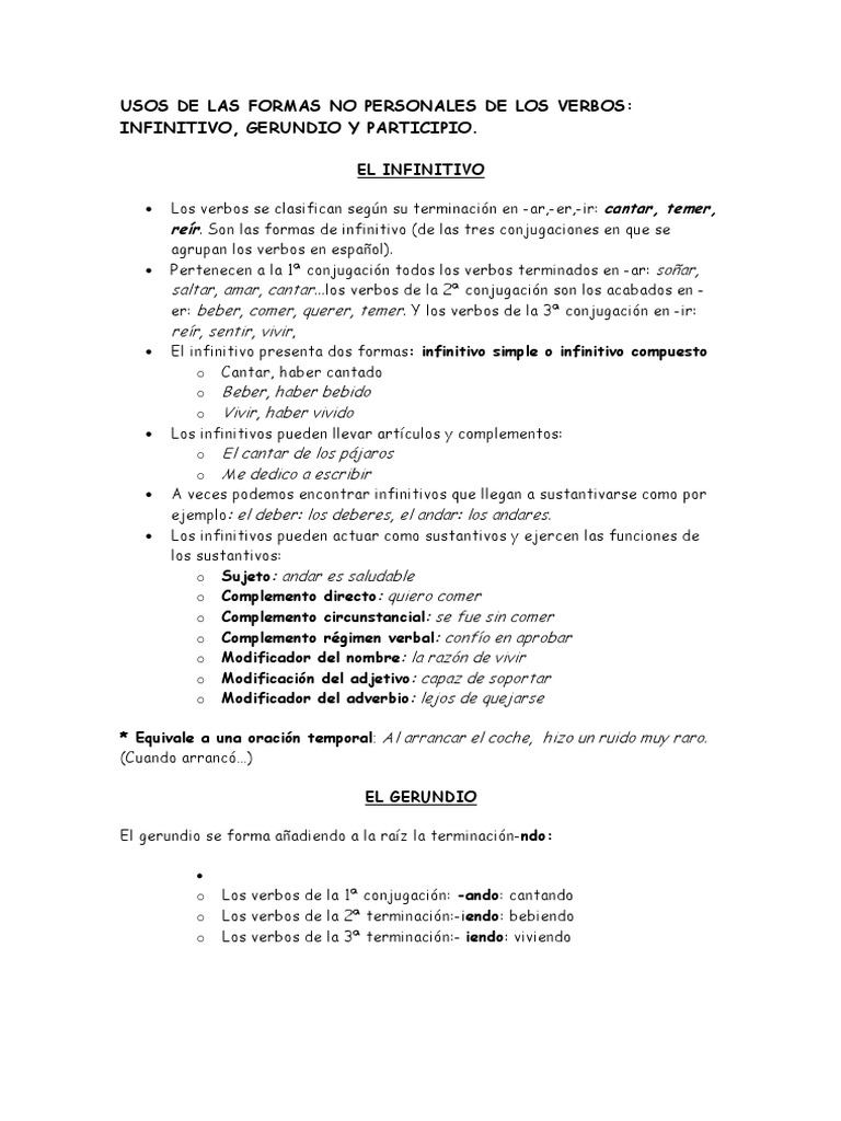Usos de Las Formas No Personales de Los Verbos - Infinitivo, Gerundio y ...