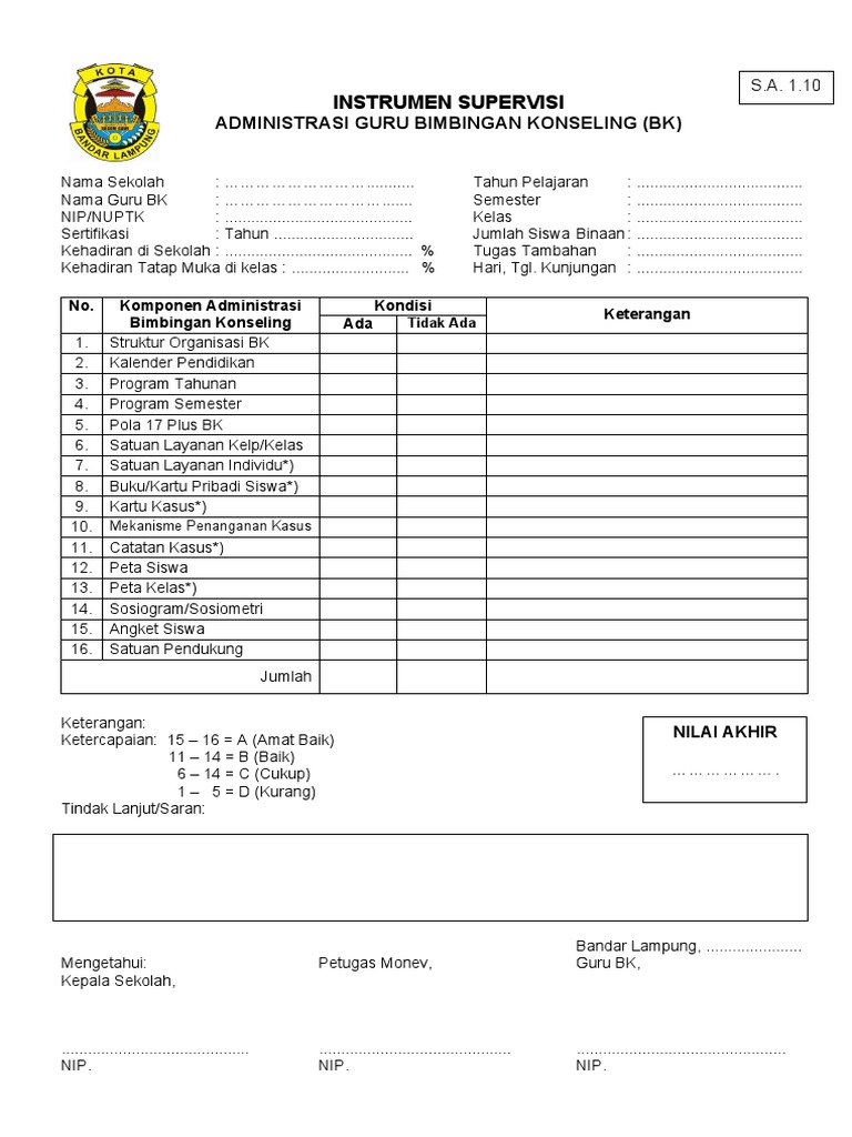 Instrumen Supervisi Guru BK | PDF