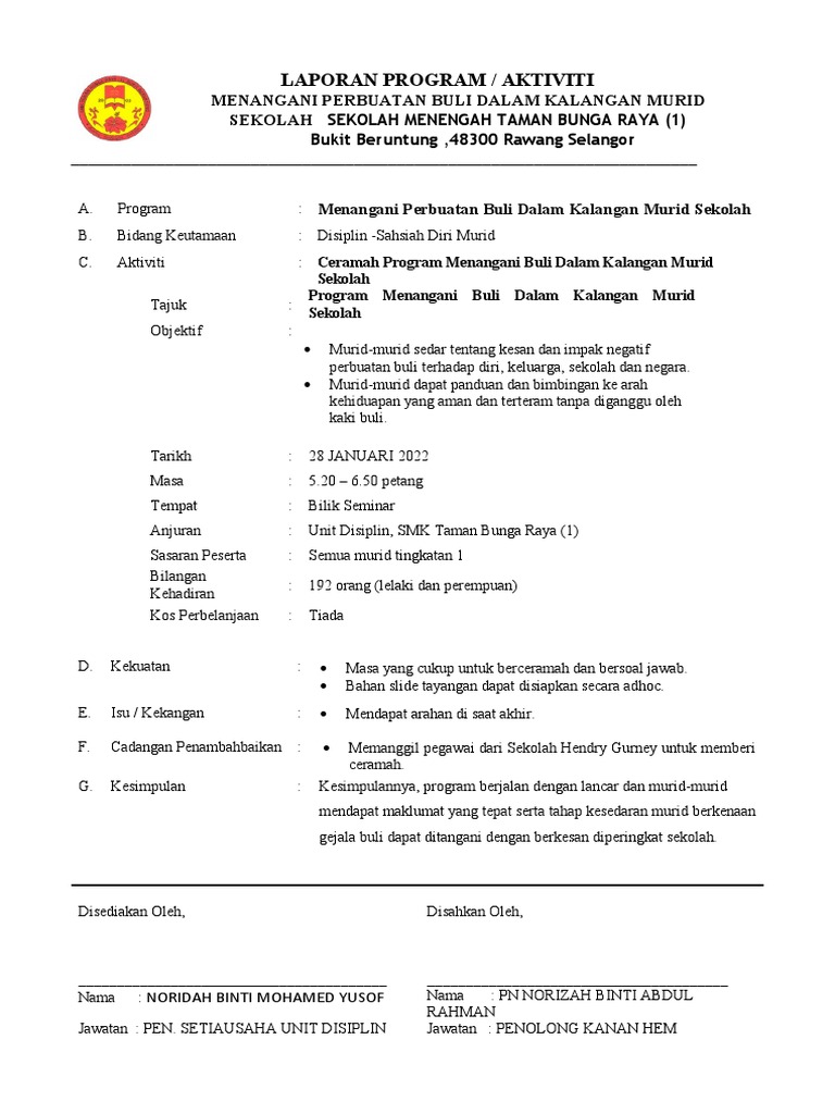 Program Anti-Buli SMK Taman Bunga Raya | PDF