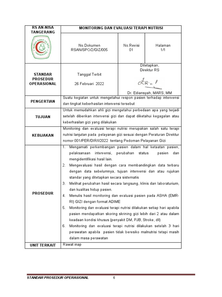 Monitoring dan evaluasi terapi nutrisi RS An-Nisa | PDF