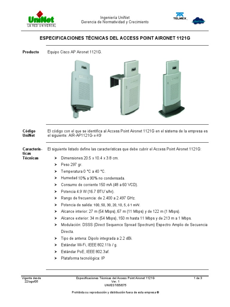 Especificaciones Tecnicas Del Access Point Aironet 1121g | PDF | Punto ...