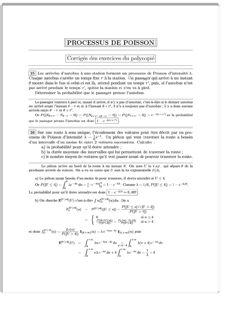 PROCESSUS de POISSON. Corrigés Des Exercices Du Polycopié - PDF Téléchargement Gratuit | PDF