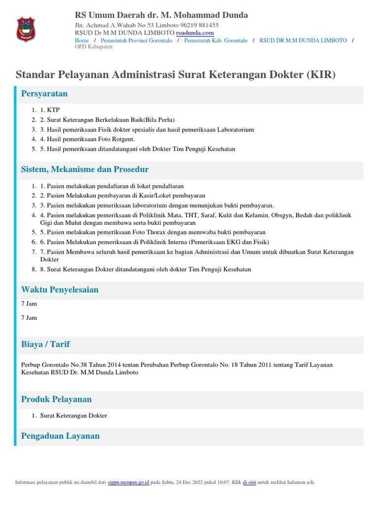 Unduh Standar Pelayanan - Standar Pelayanan Administrasi Surat Keterangan Dokter (KIR) | PDF