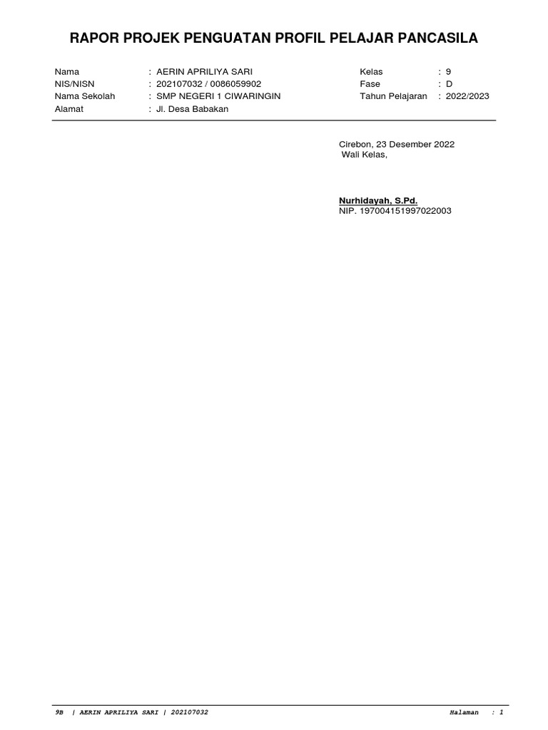 Rapor P5BK KLS 9B | PDF