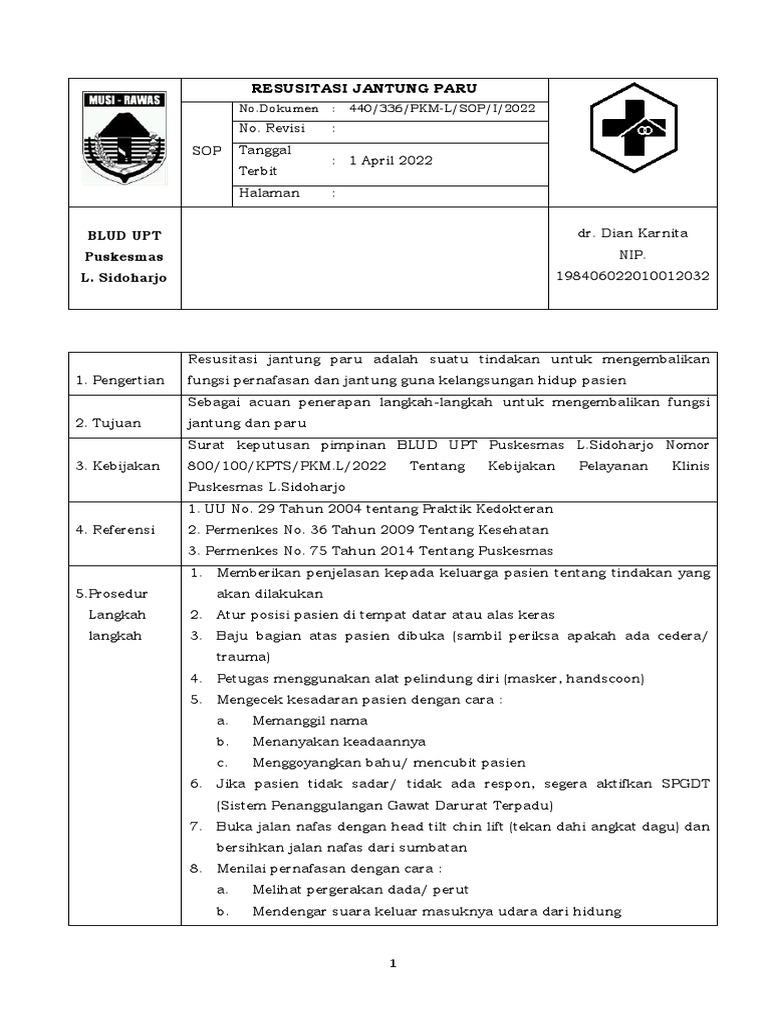 Resusitasi Jantung Paru: Blud Upt Puskesmas L. Sidoharjo | PDF