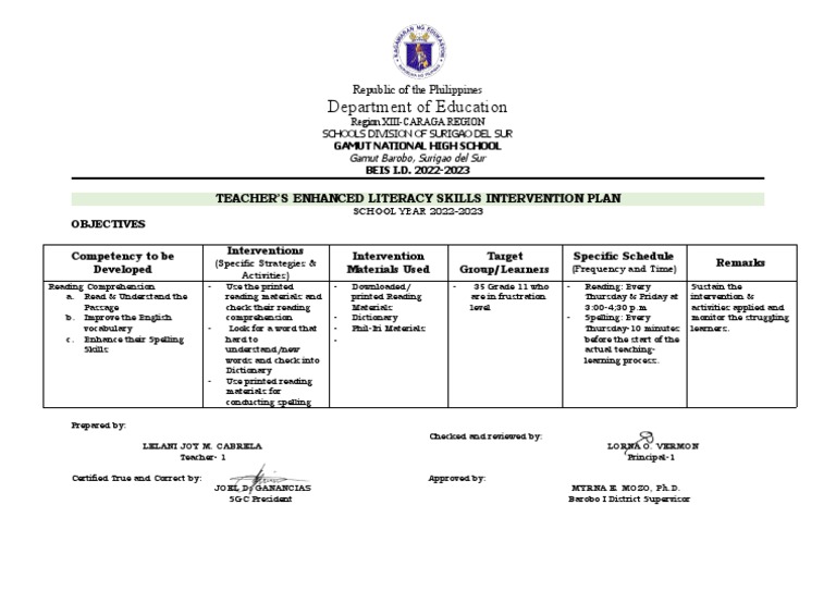 Literacy Intervention Plan | PDF | Reading Comprehension | Pedagogy