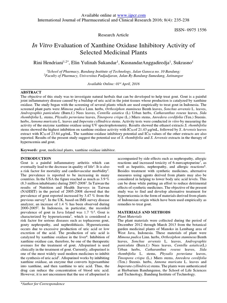 Evalution of XO Activity Inhibitory of Selected Medical Plants, Inter J of Pharmac & Clinical ...
