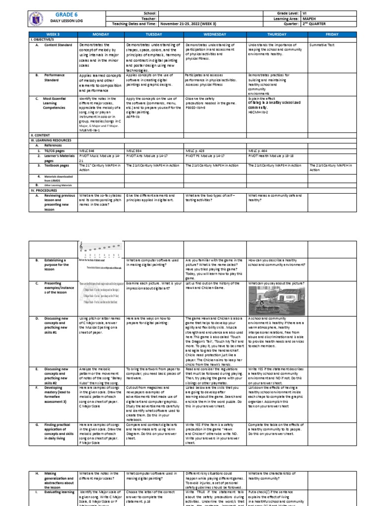 DLL - MAPEH 6 Q2 W3 - MELC Based | PDF | Learning | Differentiated Instruction
