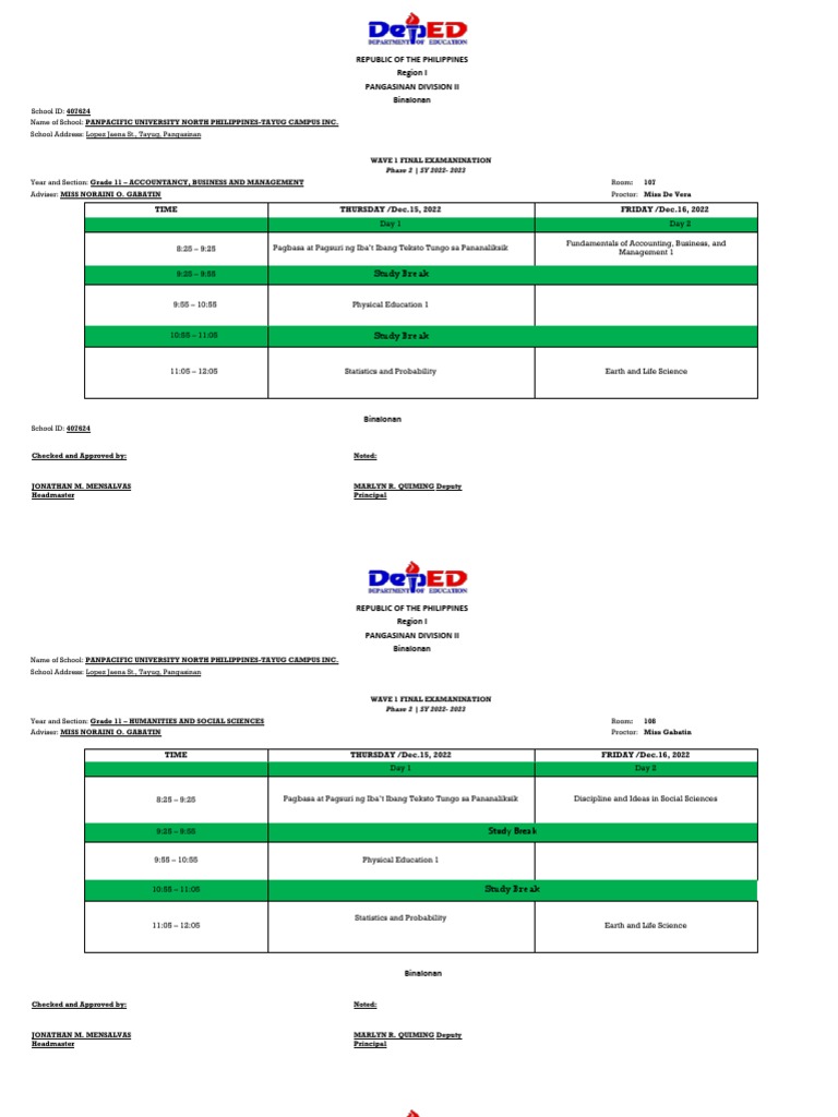 Shs Sched 2022 23 Wave 1 Midterm | PDF | Science