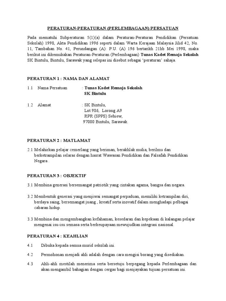 Borang Peraturan Perlembagaan Psatuan TKRS | PDF