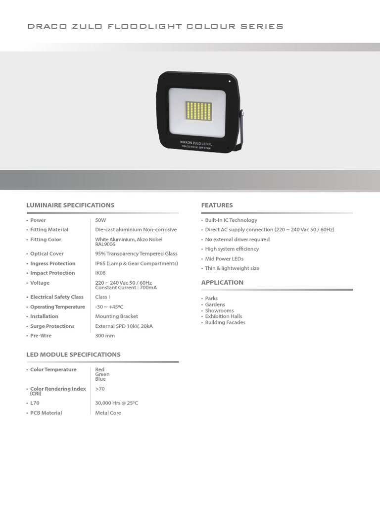 DRACO ZULO LED Floodlight Colour Series (RGB) | PDF | Light Emitting Diode | Electrical Engineering
