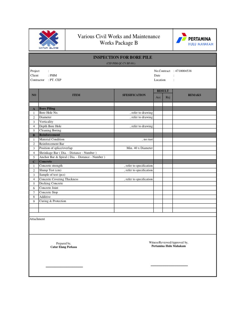 Bore Pile Inspection Checklist | PDF