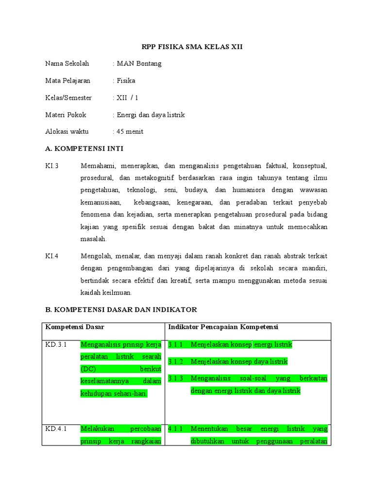 RPP Fisika Energi dan Daya Listrik XII | PDF