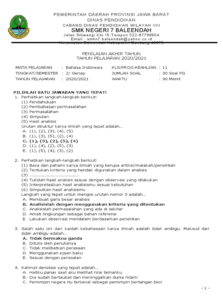 Naskah Soal PAT Bahasa Indonesia Kelas XI (2020-2021) 2 | PDF