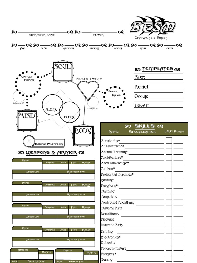BESM Character Sheet Template | PDF | Games & Activities