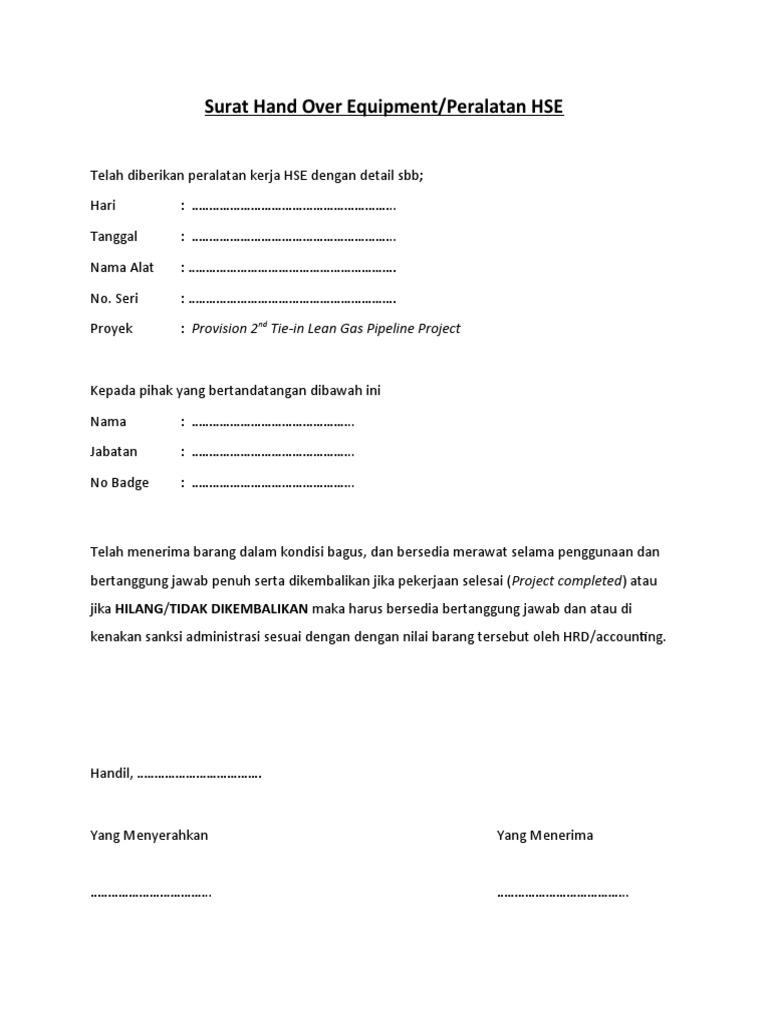 Surat Hand Over Peralatan HSE | PDF