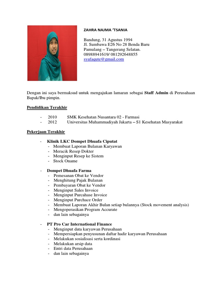 CV Zahra | PDF | Karier & Perkembangan | Bisnis