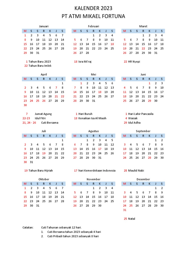 Kalender Lengkap 2023 PT ATMI | PDF