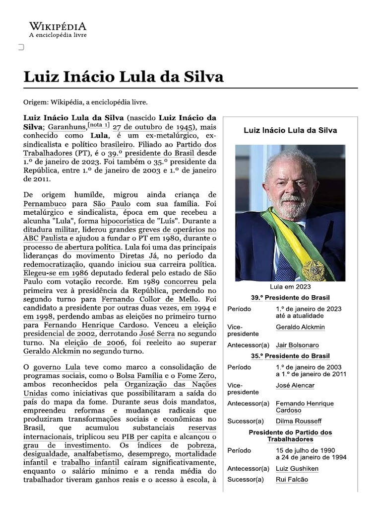 Luiz Inácio Lula Da Silva - Wikipédia, A Enciclopédia Livre | PDF